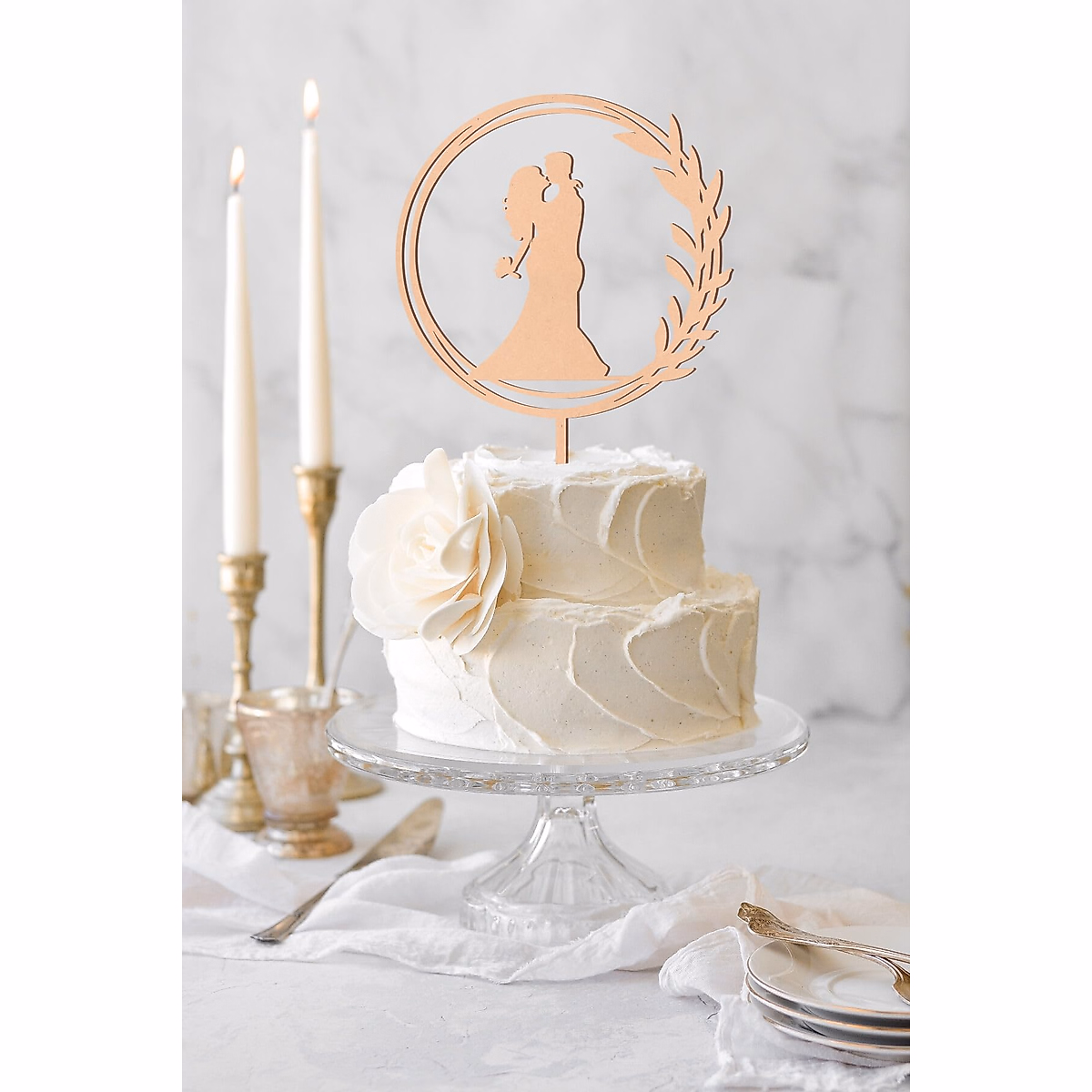 MRAPPY Wedding Cake Topper - Wooden Bride& Groom Embrace And Kiss Cake Decoration, Engagement Cake Smash Decor