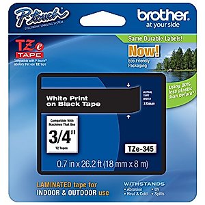 Genuine Brother 3/4" (18mm) White on Black TZe P-Touch Tape for Brother PT-E300, PTE300 Label Maker