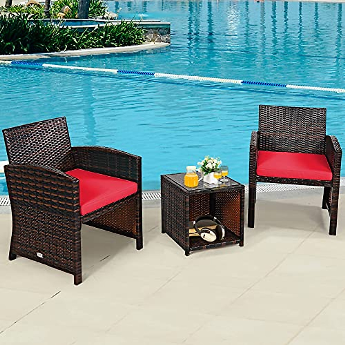 Tangkula 3-Piece Outdoor PE Rattan Furniture Set, Patio Conversation Set w/Chair & Storage Coffee Table, Detachable Cushion, Stable X-Shaped Frame, Perfect for Garden, Backyard, Poolside (Red)