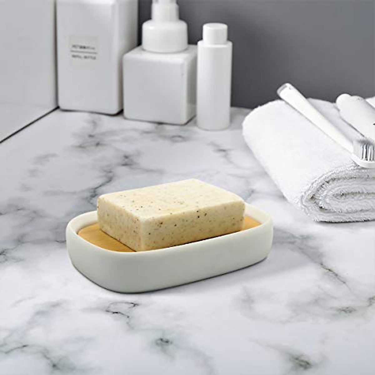 Sandstone Resin Soap Bar Dish, Bamboo Shower Soap Dish Holder Tray, Soap Organizer Draining Bar Soap Saver for Shower Bathroom Kitchen Sink