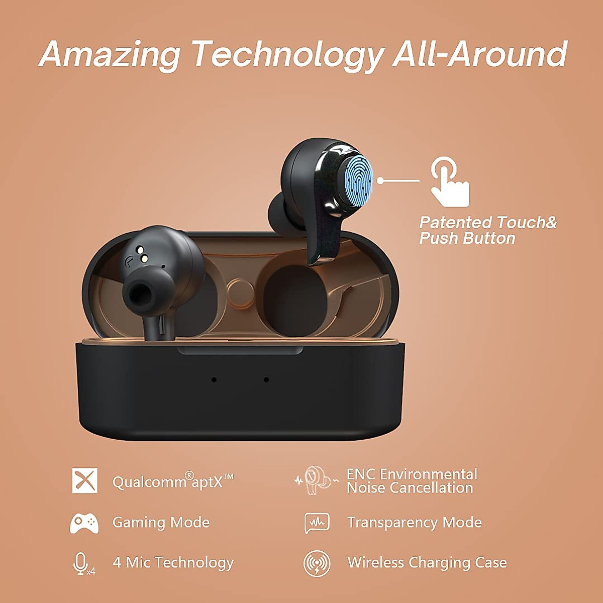 Jabees] Firefly Vintage Bluetooth Wireless Gaming Earbuds - Noise Cancelling Waterproof Headphones with 4 Mic for Call & Music - 40Hr Playtime with Charging Case, Low Latency, aptX, ENC(Black)