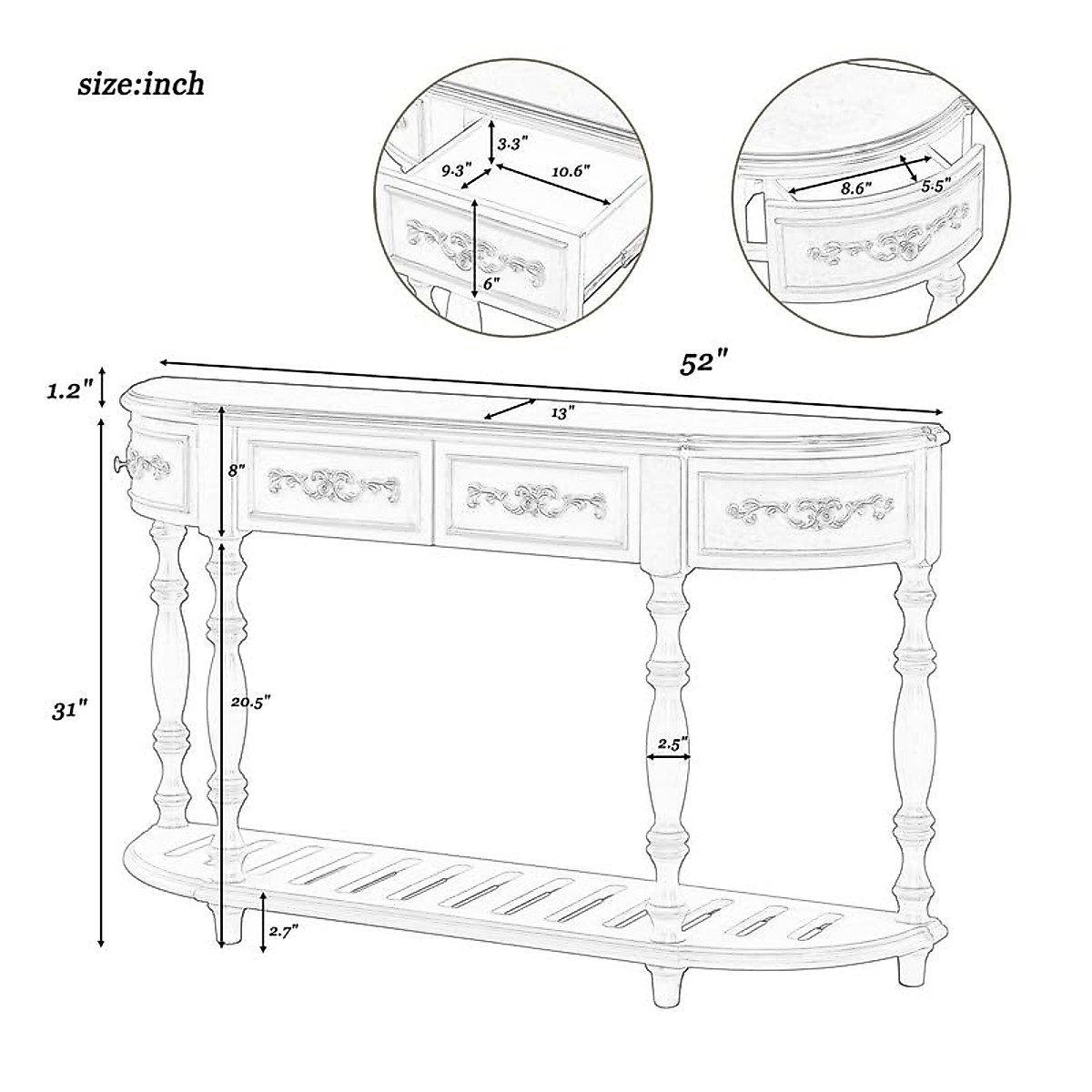 52" Farmhouse Console Tables for Entryway,Curved Sofa Table Display Cabinet w/4 Drawers & 1 Bottom Shelf,Cupboard Accent Table Credenza Decor Furniture for Living Room Hallway Kitchen,Antique Blue