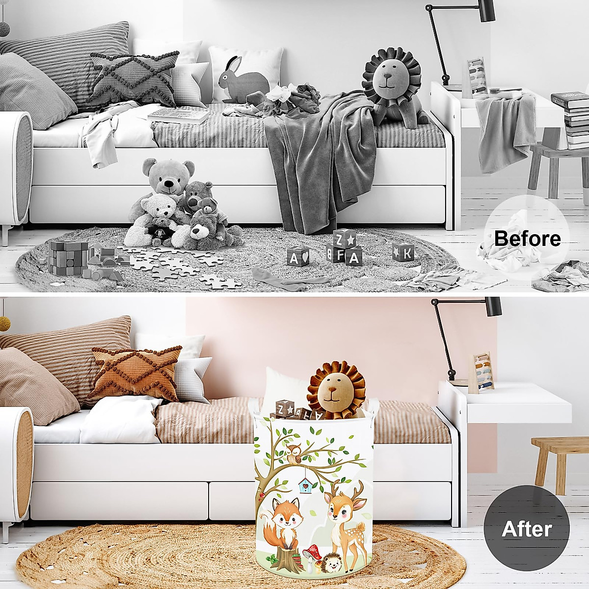 Clastyle 45L Large Forest Animal Kid Laundry Hamper with Handle for Boy Girl Collapsible White Fox Clothes Toy Storage Basket with Lid for Nursery