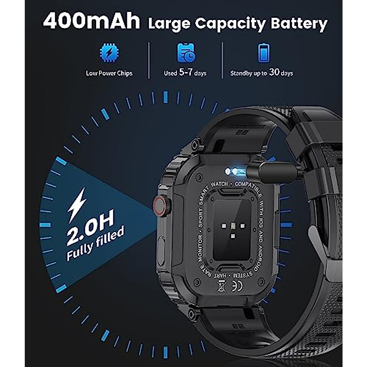 Smart Watch for Men Bluetooth Make Calls with 1.96in Big Screen 400mAh Long-Lasting Battery Message Reminder Voice Assistant IP68 Waterproof Rugged Sports Tracker Android iOS Stylish Men's Smartwatch