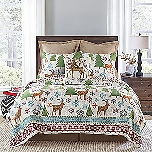 Levtex Home Merry & Bright Collecion - Tinsel Quilt Set - Full/Queen Holiday Quilt 88x92 and Two Standard Shams 20x26 - Folk Christmas Reindeer - Reversible