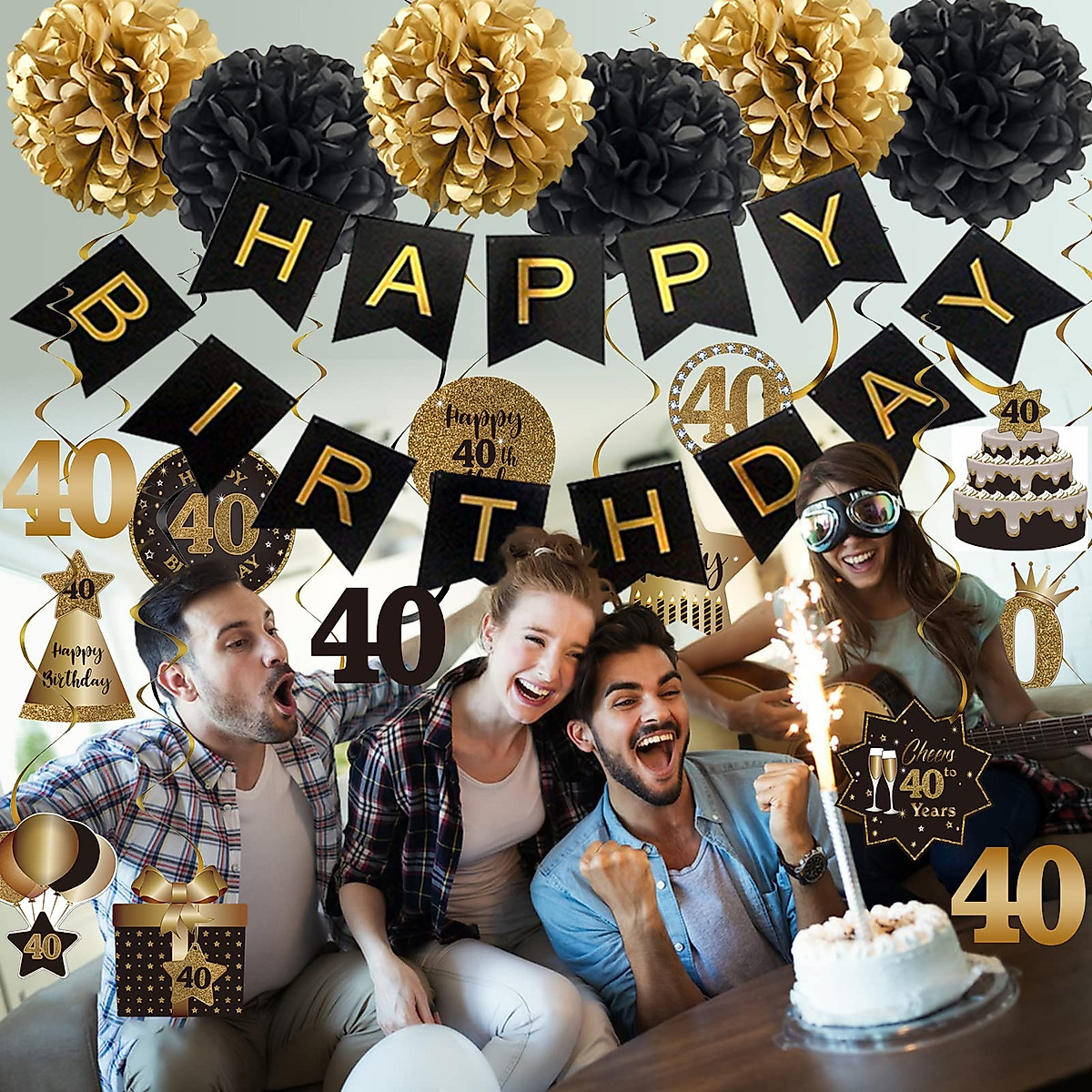BRT Bearingshui Happy 40th Birthday Hanging Swirls Streamers Decoration Set, Happy Birthday Banner with Tissue Pompoms, Black and Gold 40 Years Old Birthday Party Hanging Backdrop Decorations