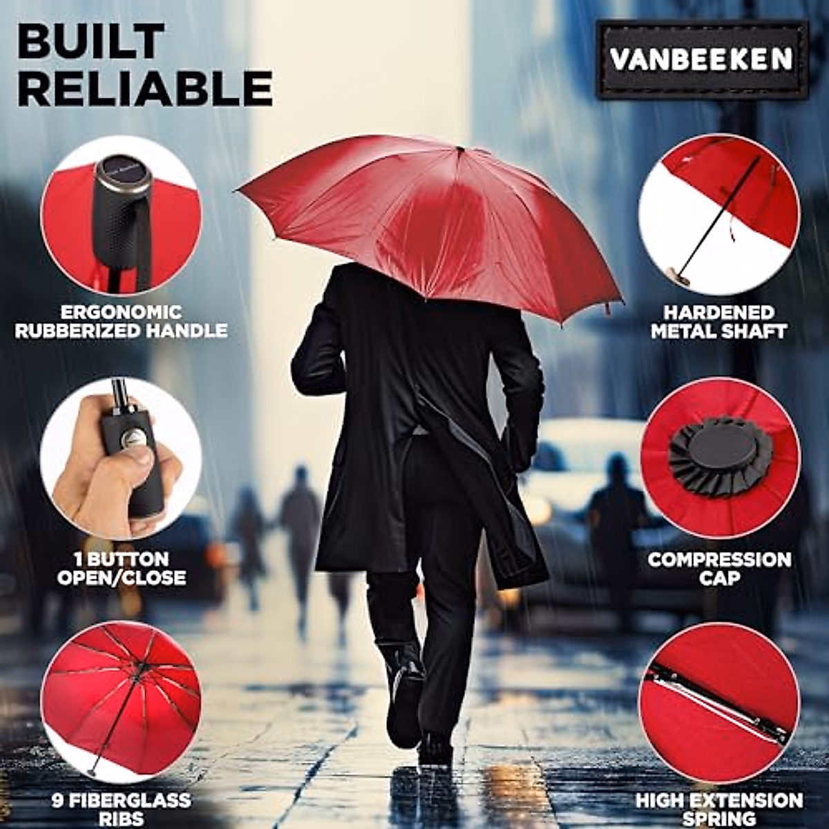 VAN BEEKEN Automatic Open and Close Umbrella, Red, for Men and Women
