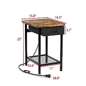 GYIIYUO Nightstands Set of 2 with Charging Station and Fabric Storage Drawer,16.5" x 15.8" Side Table with Storage for Bedroom, Bedside Tables with Steel Fram, Rustic Brown and Black