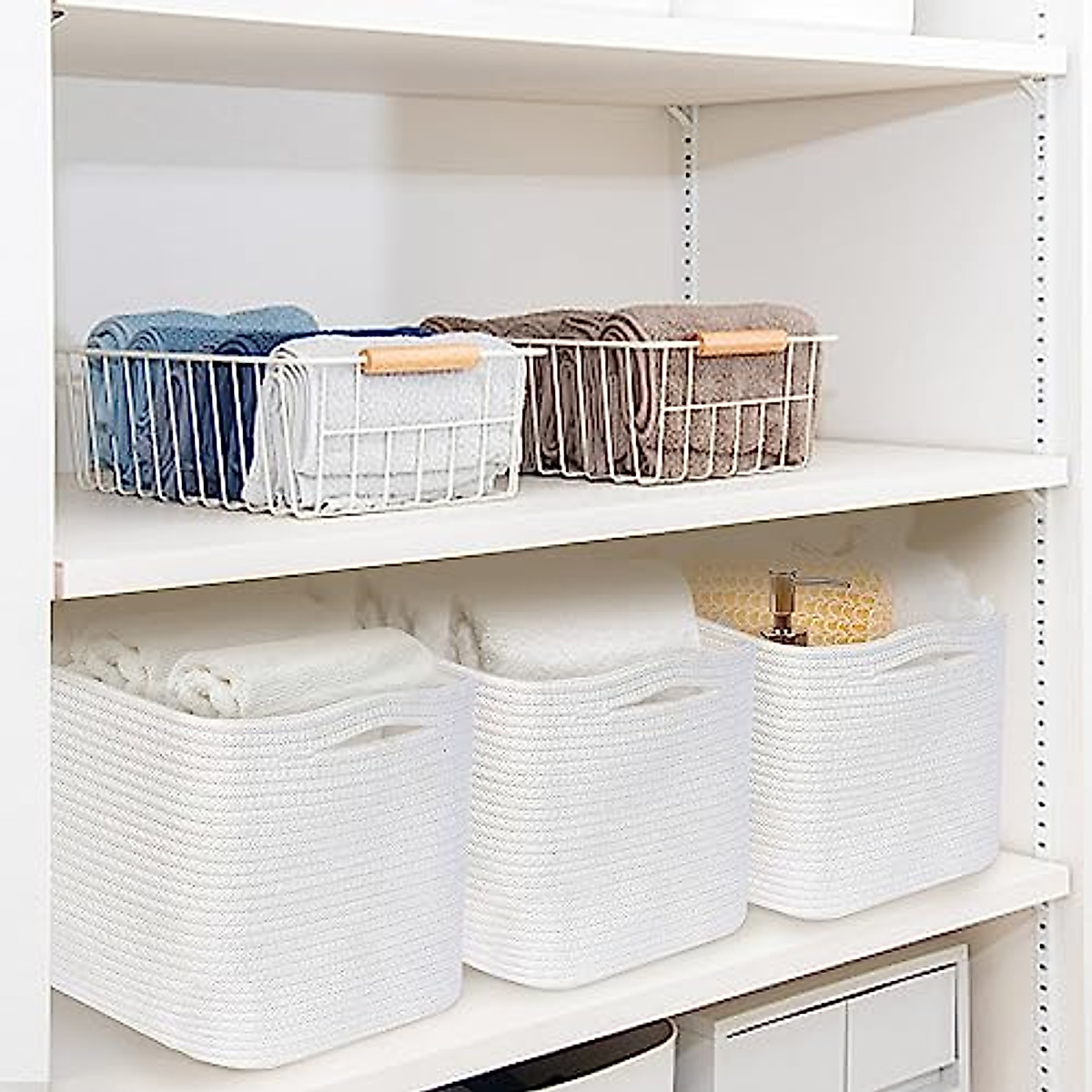 MEGASKET White Baskets for Organizing Set 3, 14.9" X 9.4" X 8.6" Cotton Rope Woven Baskets with Handles, Shelves White Wicker Storage Baskets, Baby Kids Closet Organizer Storage Bins, Cream White