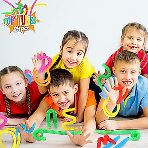 Mini Pop Tubes Fidget Toy 24 Pack: Sensory Stretch Tubes Kit Stress Relief Toys for Kids | Fun Pop Tubes Bulk | Classroom Party Favors Prizes Birthday Party Supplies Fine Motor Skills for Toddlers