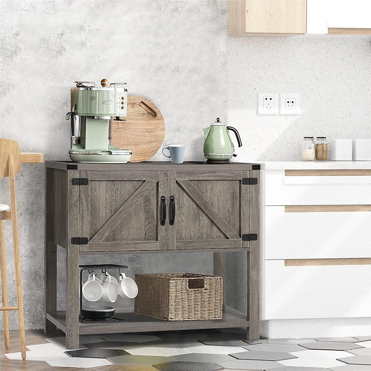 4ever2buy Farmhouse Coffee Bar Cabinet with Barn Doors, Grey Coffee Bar Stand with Storage, 36 inch Coffee and Tea Bar with Bottom Shelf for Living Dining Room