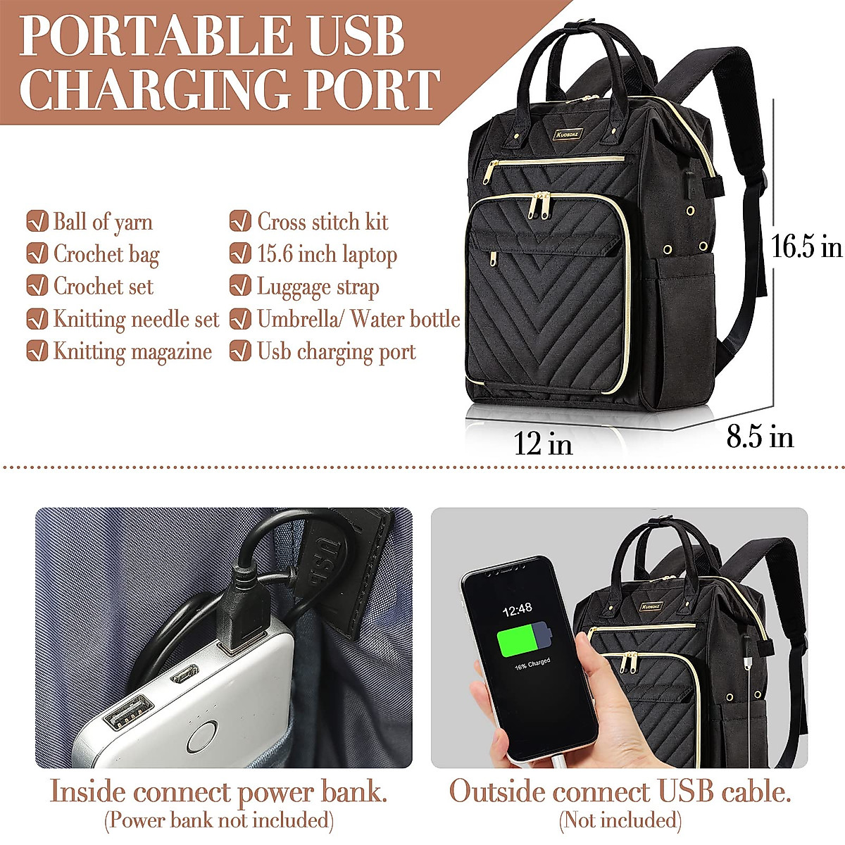 Knitting Bag Backpack, Yarn Organizer with USB Charging Port, Quilted Backpack for Women, Christmas Gifts Large Travel Crochet Bag Totes for Crochet Hooks, Knitting Needles, Yarn Supplies, Black