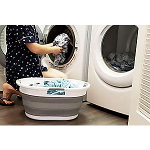 SAMMART 36L (9.5 Gallon) Collapsible 3 Handled Plastic Laundry Basket-Foldable Pop Up Storage Container-Portable Washing Tub-Space Saving Basket/Water Capacity 27L/7.1 Gallon (1, Grey)