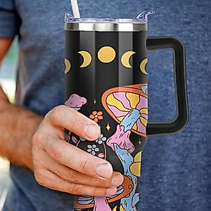 thmasamwr Mushroom Tumbler with Lid and Straw, Stainless Steel Mushroom 40oz Tumbler with Handle, Black Mushroom Travel Coffee Mug Mushroom Gifts Cups for Women and Men