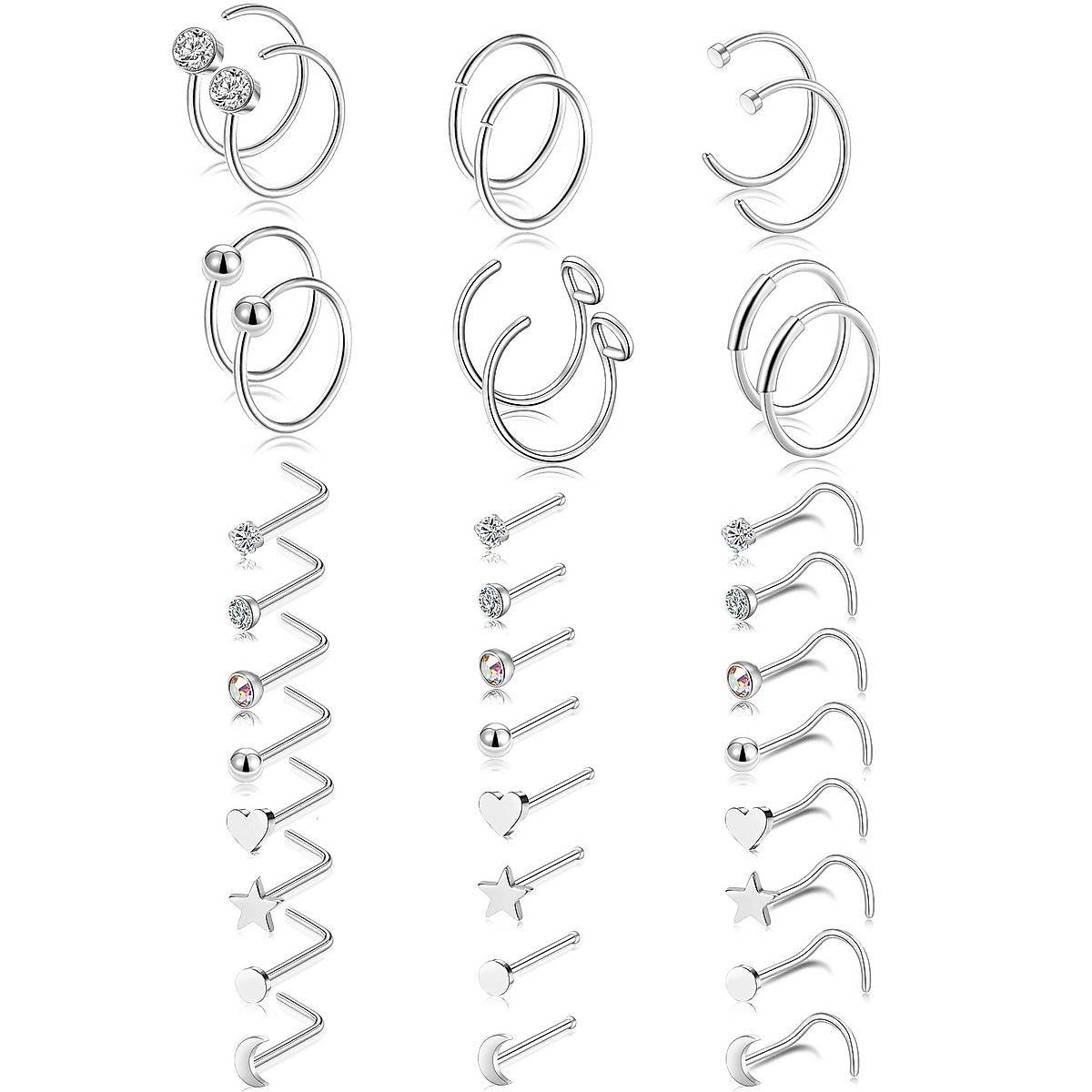 Tornito 20G 36Pcs Stainless Steel L Shaped Nose Ring CZ Nose Stud Retainer Labret Nose Piercing Jewelry (A0：36Pcs, Silver Tone) …