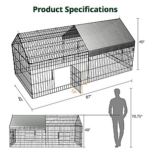 PawGiant Chicken Coop 86"×40" Chicken Run Pen for Yard with Cover Outdoor Metal Portable Chicken Tractor Cage Enclosure Crate Outside for Small Animals Duck Rabbit Hen