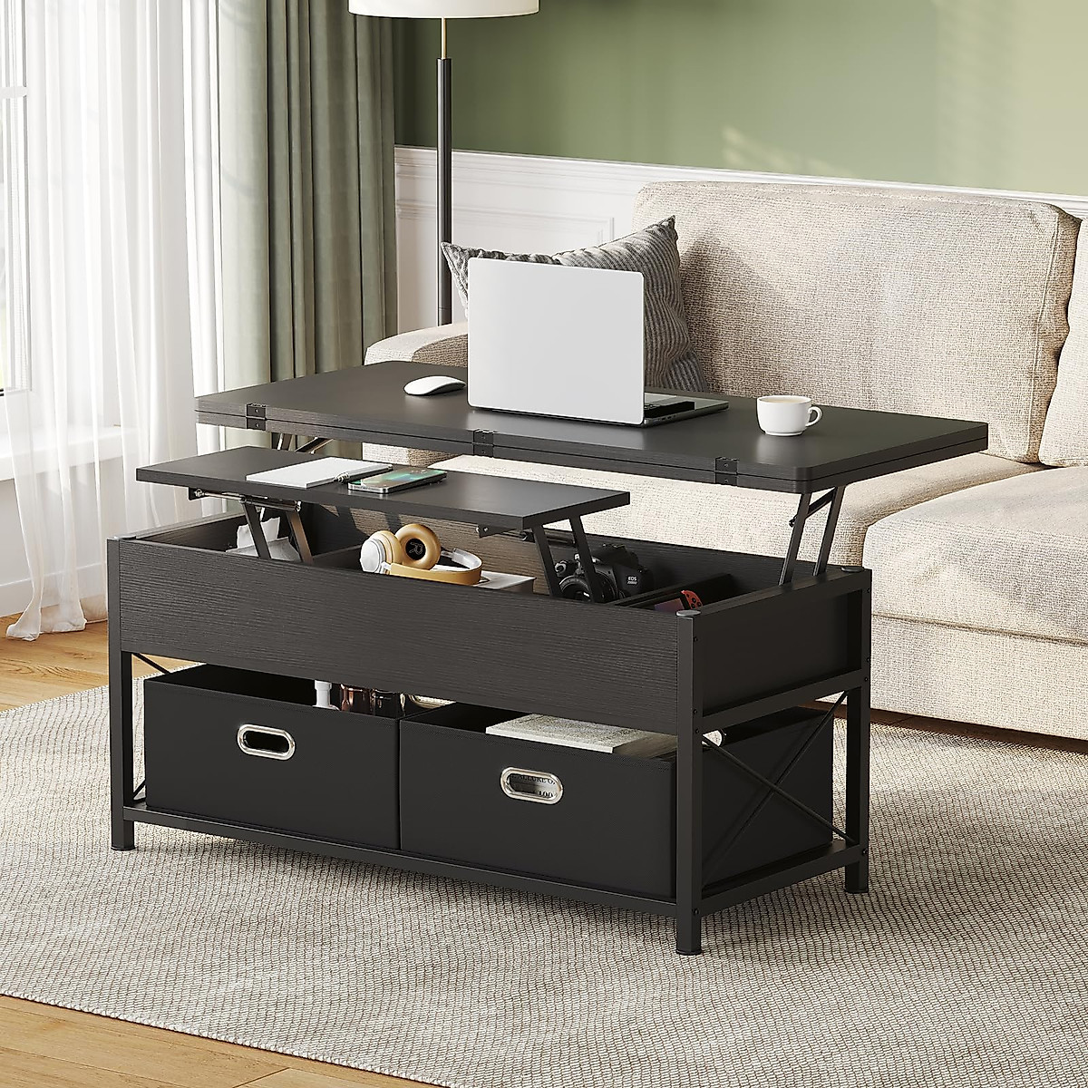 UPOSOJA Lift Top Coffee Table, 4 in 1 Multi-Function Dining Table with Hidden Compartment and 2 Drawers, Convertible Square Center Table for Living Room Reception Home Office(Black)