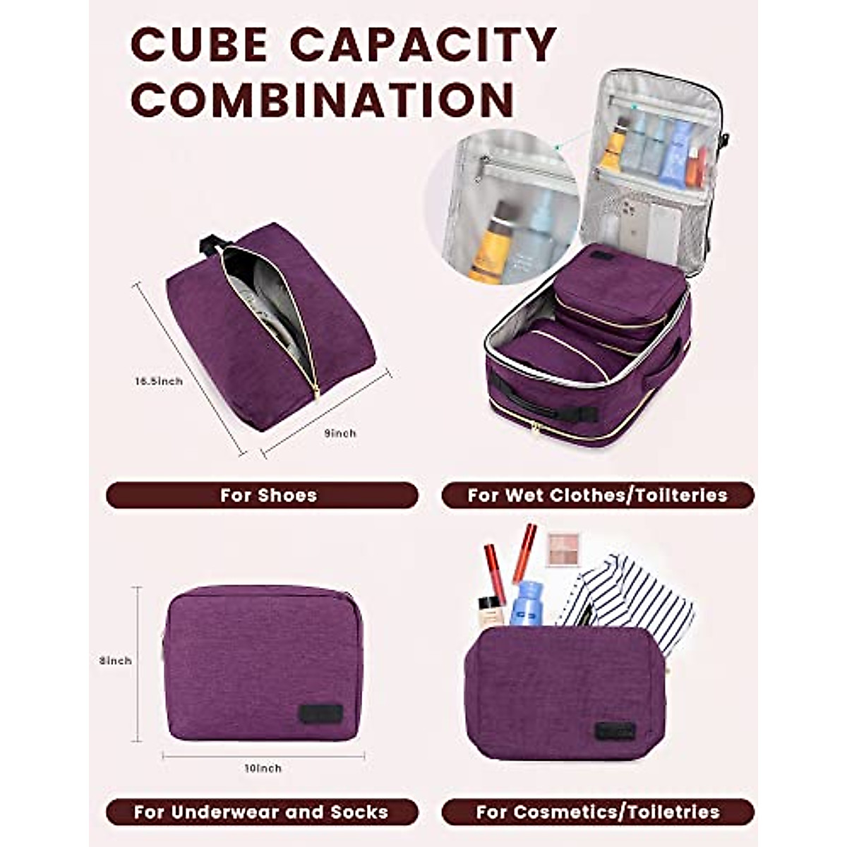 LOVEVOOK Large Travel Laptop Backpack Women, 40L Flight Approved Carry on Backpack Waterproof 17.3inch Luggage Daypack Business Weekender Overnight Backpacks Bag with 3 Packing Cubes, Purple