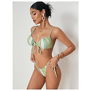 WDIRARA Women's Floral Print Tie Side Swimwear Straps Bikini Sets Swimsuits Green XS