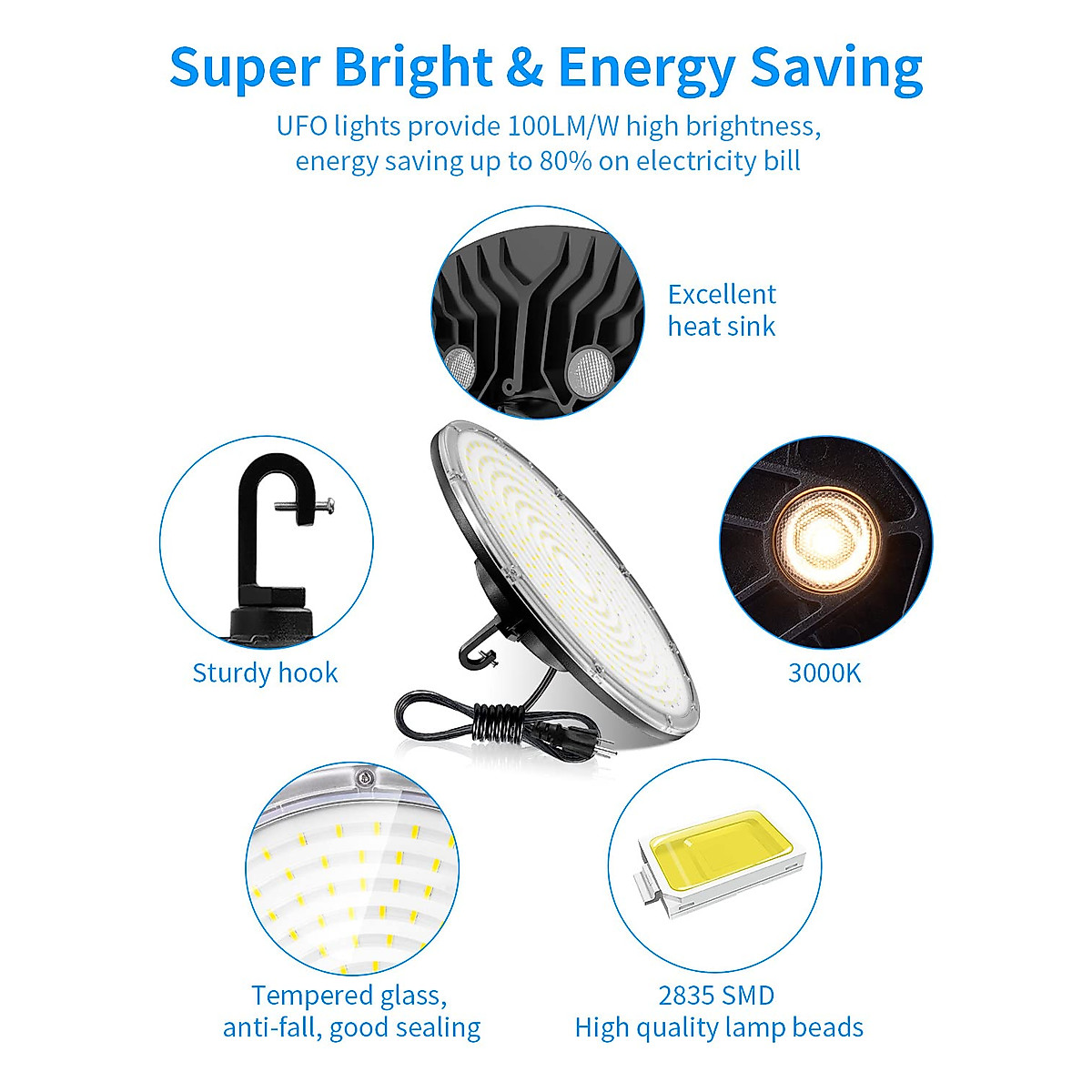 LED High Bay Light 150W, 22500LM LED Shop Light with US Plug 5' Cable, 5000K Daylight UFO LED High Bay Lights, IP65 Commercial Warehouse Light, Super Bright Area Bay Lighting for Garage Barn Workshop