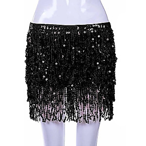 Clataly Belly Dance Sequined Tassel Skirt Hip Scarf Straps Wrap Rave Skirts Rave Music Festival Costume for Women Girls (Black)