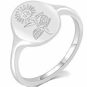 Jude Jewelers Stainless Steel Dainty Sun Flower Pattern Signet Style Wedding Promise Statement Anniversary Valentines Ring (Silver, 7)