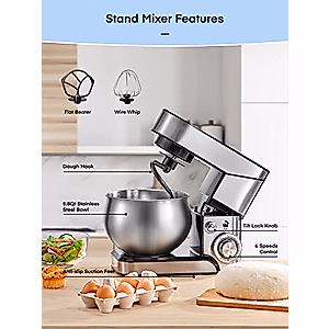 Stand Mixer FOHERE, 6-Speed Stainless Steel Mixer with Dough Hook, Mixing Beater, Wire Whip, Dishwasher-safe, Tilt-Head Kitchen Dough Mixers for Cake, 5.8 QT Electric Home Cooking Kitchen Mixer