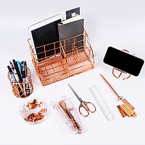 KAAKOW Rose Gold Desk Organizers and Accessories Office Supplies Set Stapler, Pen Holder, Phone Holder, Scissors, Pen, Ruler, 30 Paper Clips, 22 Binder Clip, 20 Tacks and 1000pcs Staples (Rose Gold)