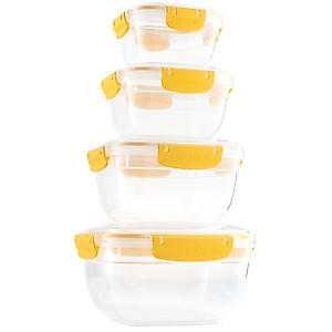 Superio Plastic Airtight Food Storage Containers, Set of 4 Sealed Clear Container Bowls with Lids, BPA Free, Rectangular, Yellow