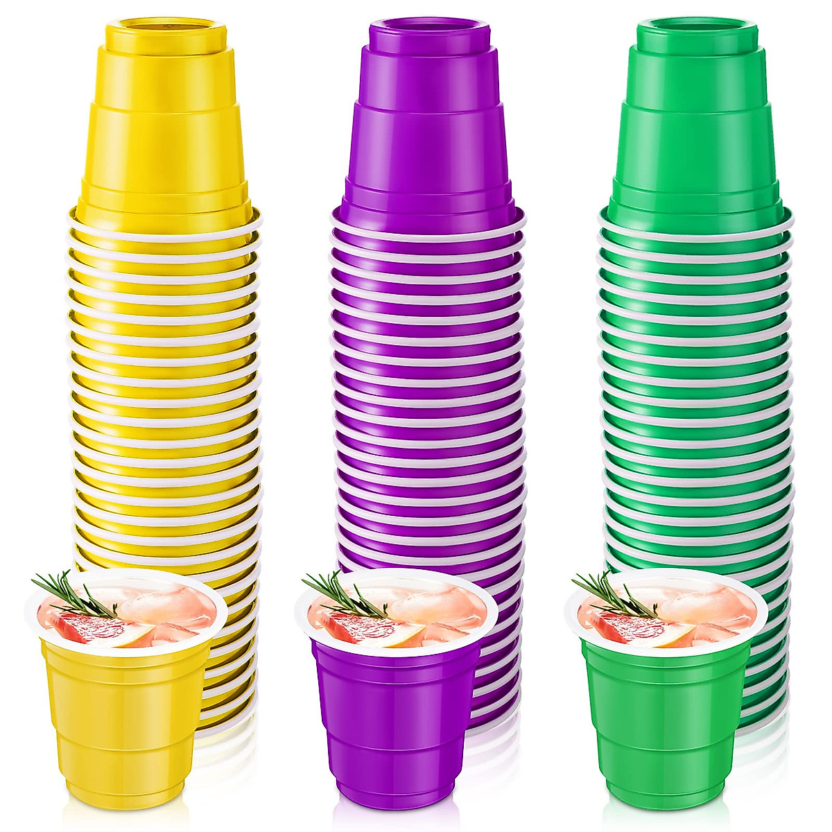 Meanplan 150 Pcs Mardi Gras 2 oz Plastic Shot Glasses Disposable Shot Cups Mini Colorful Small Party Cups for Mardi Gras Party Drinking Tasting Serving Snacks Samples, Purple Yellow Green