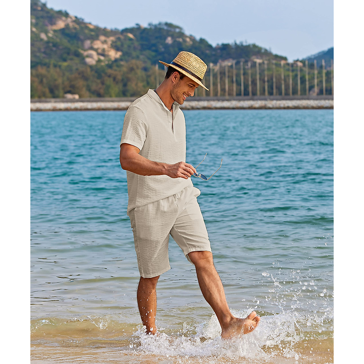 COOFANDY Men's 2 Pieces Linen Set Casual Henley Shirts Short Sleeve Beach Yoga Shorts Summer Pants Outfits