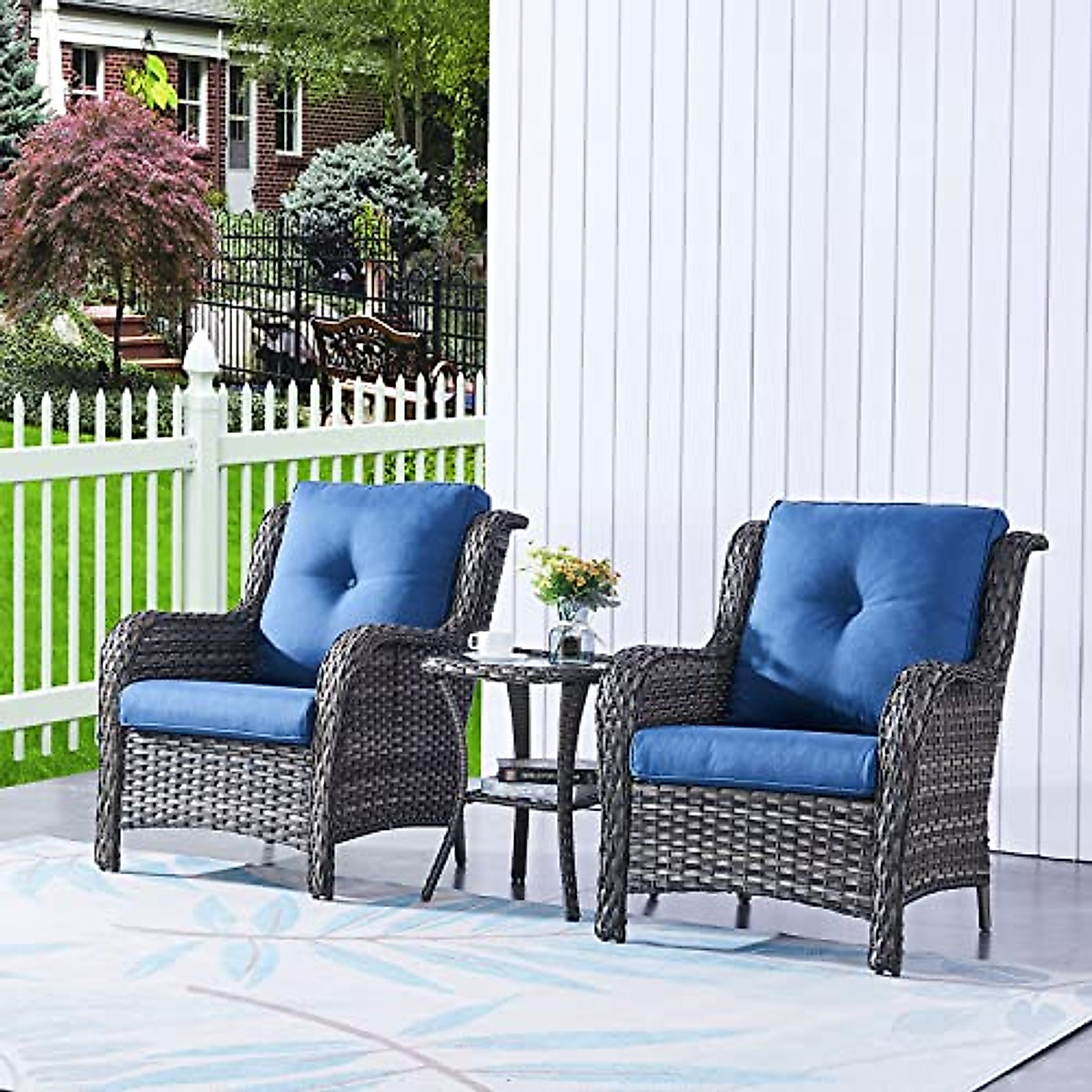 HUMMUH Outdoor Wicker Chairs PE Rattan Patio Dining Chairs Set of 2 High Back Curved Armrest Porch Chairs with 4 inch Seat Cushions (Grey Chairs with Blue Cushions, 35‘’D x 31''W x 35''H)
