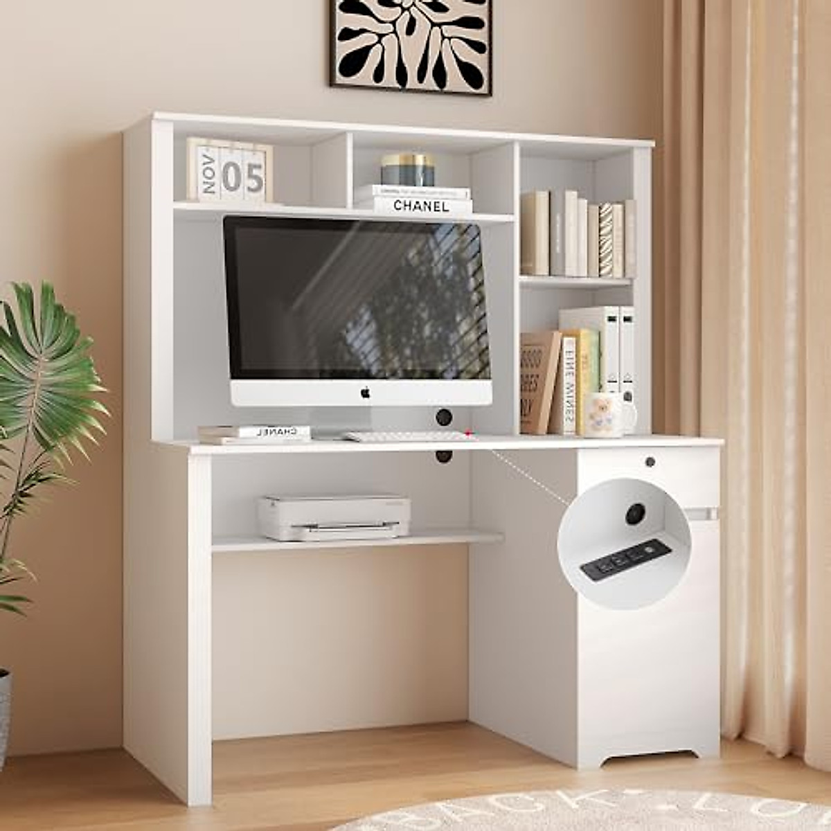 HESIEU Wooden Office Desk Computer Desk with Drawers and Cabinets Open Shelf Writing Desk Workstation Comes with 3 AC Outlets and 2 USB Charging Ports for Office Study Living Room