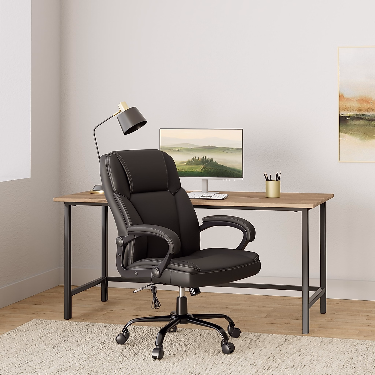 BESTOFFICE FURNITURE 400lbs Wide Seat Ergonomic Desk Massage Computer Lumbar Support Armrest Swivel Rolling Executive PU Leather Adjustable Task Chair for Adults Women, Black