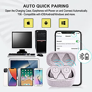 Wireless Earbuds Bluetooth Headphones Built-in Microphone with Support Wireless Charging Case, Wheat Straw in-Ear TWS Earphones with Stereo and Bass, for iPhone, Android，PC (TO6)