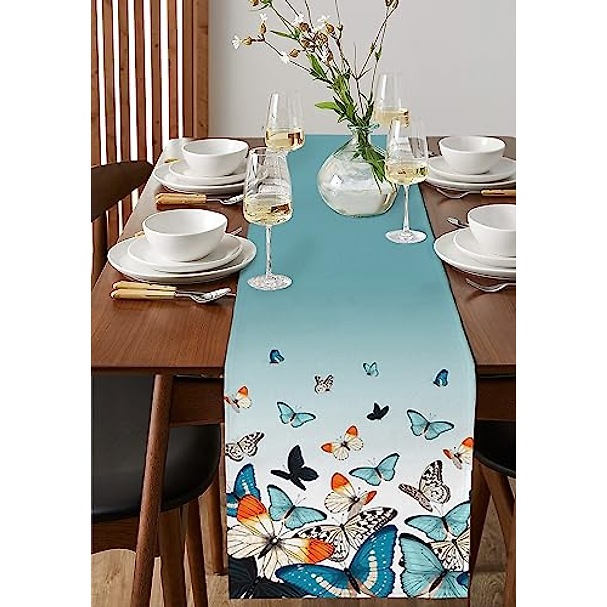Lsrtoss Teal Ombre Table Runner 72 Inches Long Farmhouse Dress Scarves, Blue Orange Butterfly Modern Abstract Art Dining Tablerunner for Coffee Table/Kitchen Island/Party Décor, 18" x 72"