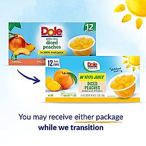 Dole Fruit Bowls Diced Peaches in 100% Juice, Back To School, Gluten Free Healthy Snack, 4oz, 12 Cups