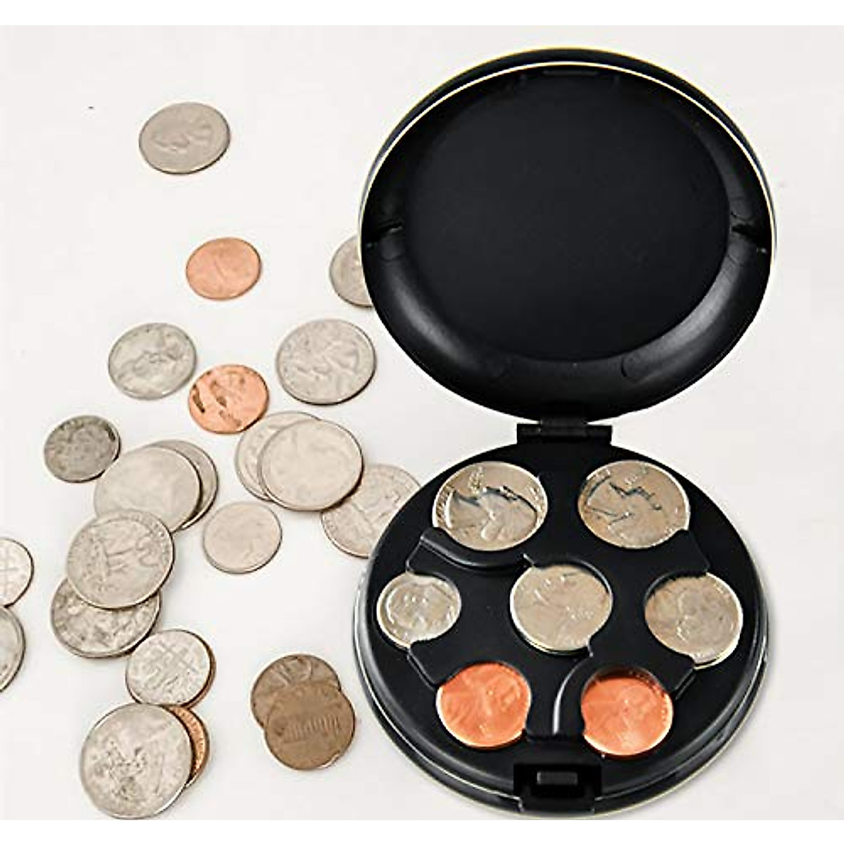 HOME-X Coin Dispenser, Hard Case Organizer and Storage for Coins, Small Money Sorter and Coin Holder for Collectors, 3 ¼" D x 1 ¼" H, Black