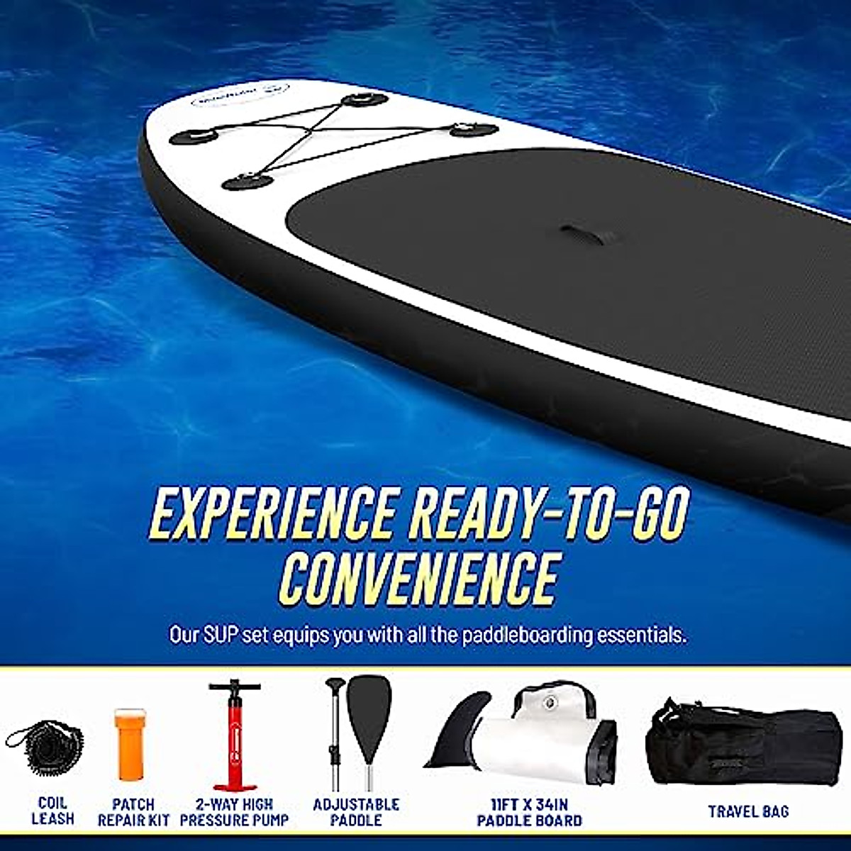 Blue Water Toys Portable Inflatable Stand Up Paddle Board Kit with Pump, Backpack, Coil Leash, and Repair Kit, SUP 350 Pound Limit, 11 Feet by 34 Inches