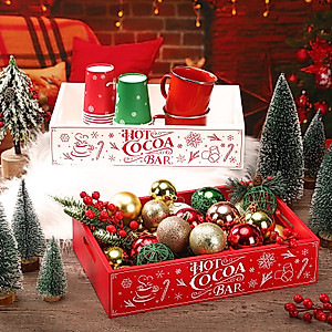 Uiifan 2 Pcs Christmas Hot Cocoa Bar Wood Storage Box with Handles Wood Box Decorative Wood Crate Wooden Basket Bin Serving Tray for Home Office Kitchen Xmas Holiday Gift Party Supplies