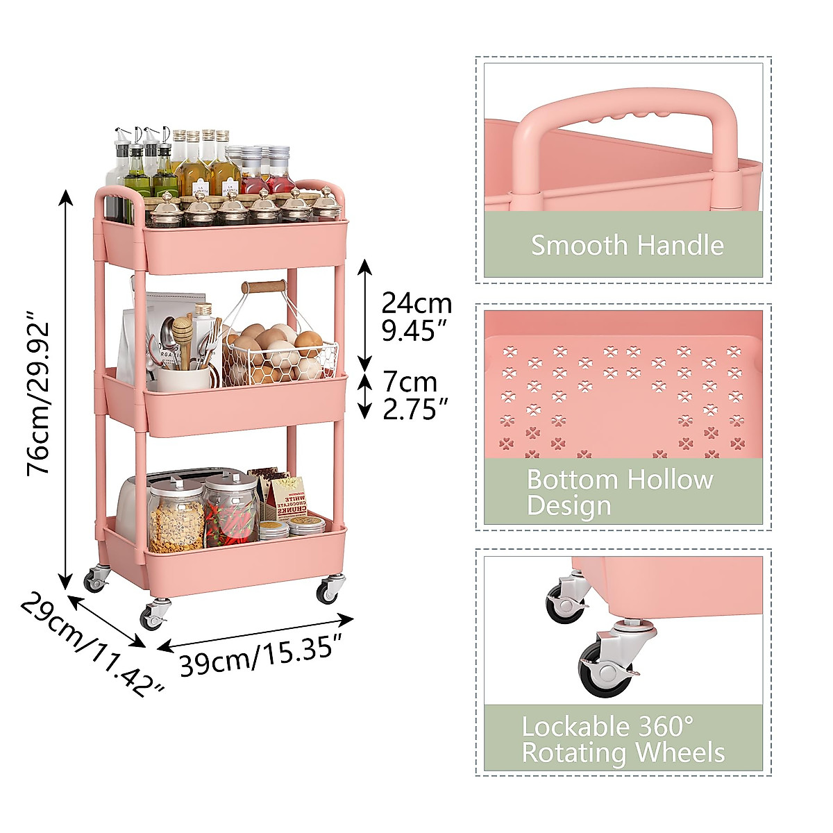 Sywhitta 3-Tier Plastic Rolling Utility Cart with Handle, Multi-Functional Storage Trolley for Office, Living Room, Kitchen, Movable Storage Organizer with Wheels, Pink