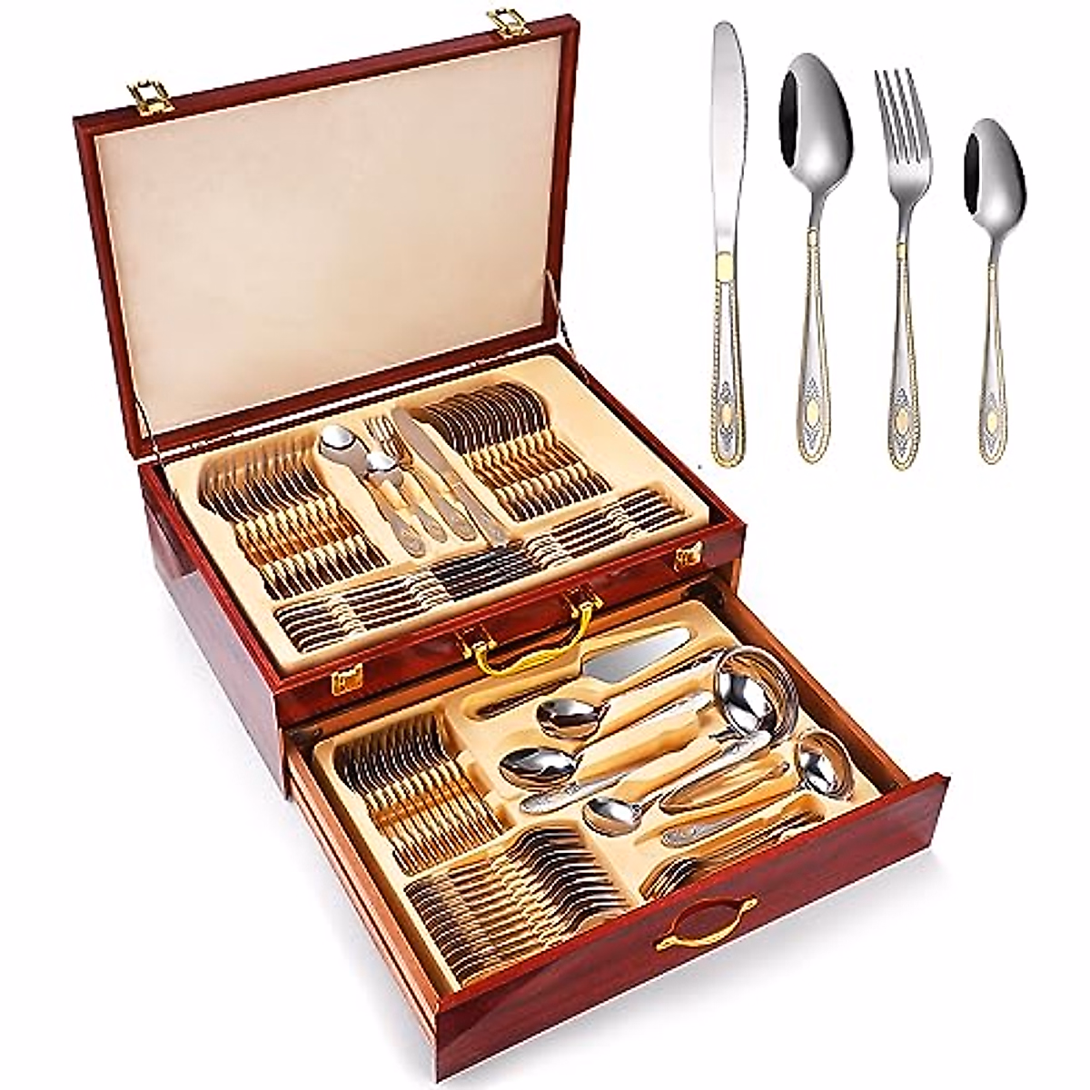 Silverware Set Flatware 72-Piece Luxury Relief Plating Retro Golden Stainless Steel Tableware Cutlery Set with Storage Box Kitchen Utensils Spoon and Fork Set Hand Wash Recommended