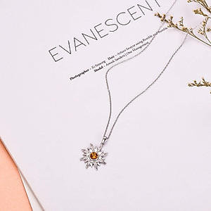 AOBOCO Sterling Silver Sun Sunburst Pendant Necklace with Citrine Austrian Crystal, November Birthstone Jewelry, Christmas Gift for Women