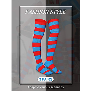 SATINIOR 3 Pairs Blue and Red Striped Long Knee Thigh High Striped Socks Tight for Women