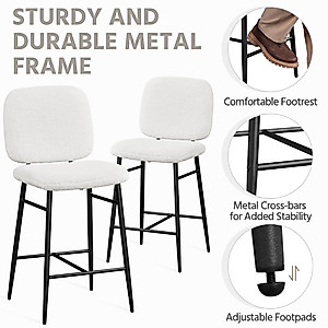 Yaheetech Bar Stools Set of 4 Boucle Stool Fabric Counter Height Bar Stools Upholstery Bar Chairs with Metal Legs for Pub Kitchen Dining Room Bar, White