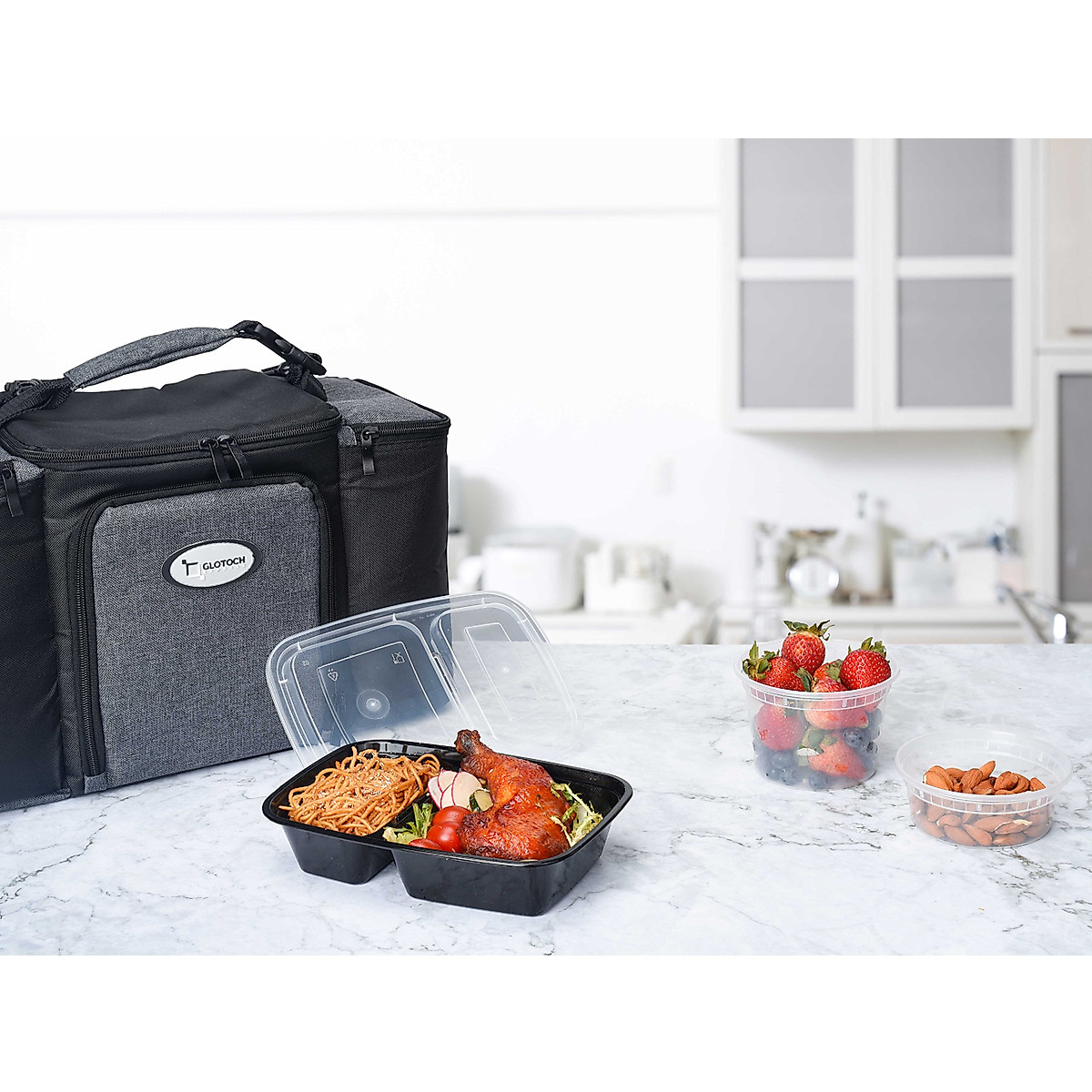 Glotoch 50 Pack 32 oz Meal Prep Container, 2 Compartment Food Containers with Lids To Go Containers, Black Plastic Containers for Lunch-Microwave, Freezer, Dishwasher Safe, Eco-Friendly