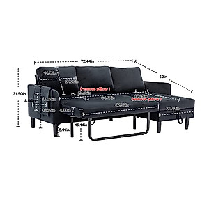 Eafurn L-Shaped Sectional Sofa w/Pull Out Bed & Storage Space,Comfy Sleeper Couch with Reversible Chaise, 3-seat Upholstered Convertible Corner Sofabed, Black Velvet 72.44"