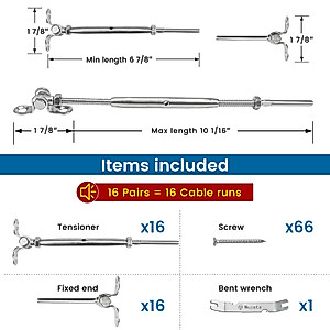 Muzata 16Pairs Cable Railing Kit 1/8" Swage Toggle Turnbuckle Hardware T316 Stainless Steel for Wood Post WoodEasy System Angle 180° Adjustable Stairs Deck 16 Cable Lines CK07 NN1,CA4 CA5