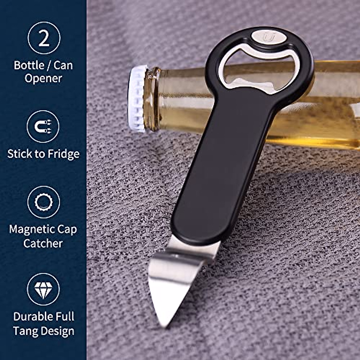 KITCHENDAO Magnetic Bottle and Can Opener for Refrigerator, Stainless Steel Manual Can Punch Opener for Liquid with Cap Catcher, Stick to Fridge for Easy Storage, Can Tapper Church Key with Magnet