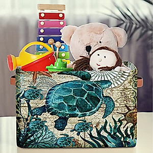 KOBLEN Sea Ocean Turtle Storage Basket Collapsible Storage Bins Large Fabric Organizer Storage Cubes Foldabe Storage Box with Handle for Shelf Home Closet Organziers
